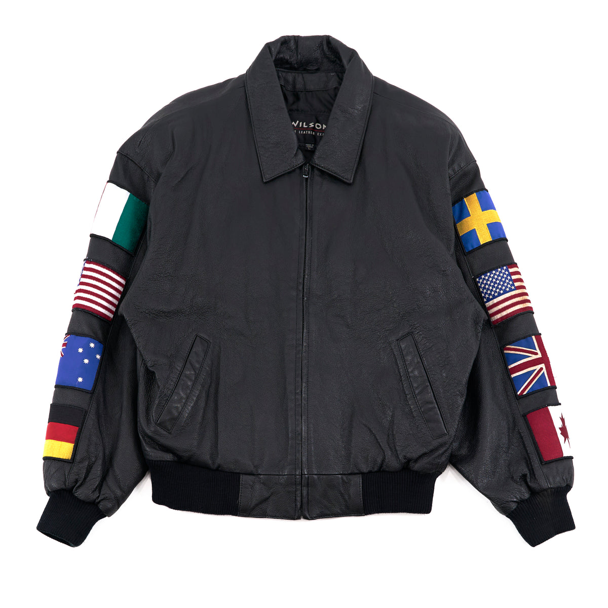 Vintage Leather American and Euopean Flag Patches Bomber Jacket - L ...